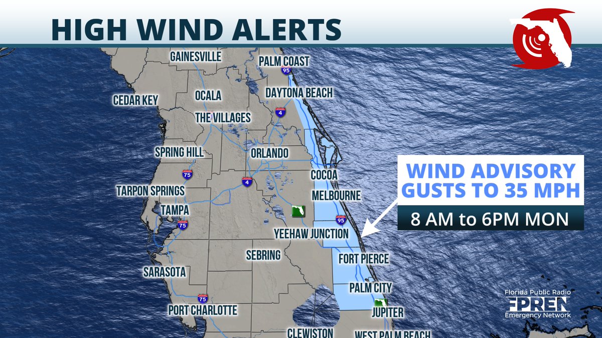 A Wind Advisory is in effect from 8AM to 6PM EST Monday for parts of ...